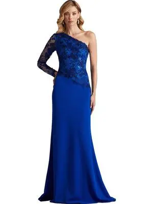 Tadashi Shoji Abner One-shoulder Embroidered Bodice Gown - Blue Bell