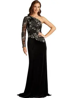 Tadashi Shoji Pisa Embroidered Tulle One-sleeve Gown - Black/silver