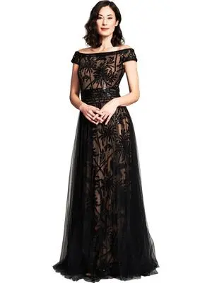 Tadashi Shoji Saeko Embellished Tulle Gown - Black/nude