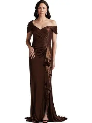 Tadashi Shoji Drea Metallic Waterfall Flounce Gown - Bark