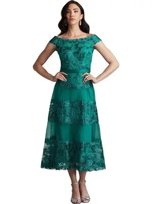 Tadashi Shoji Adriane Floral Embroidered Tea-length Dress - Emerald