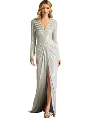 Tadashi Shoji Jonise Metallic Pleated Draped Gown - Silver