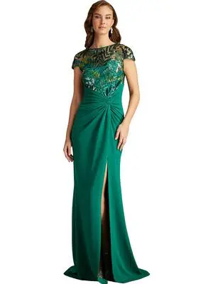 Tadashi Shoji Eleonora Draped Sequin Illusion Gown - Emerald