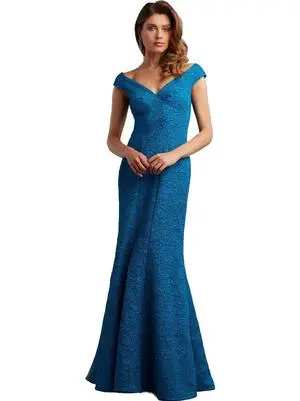 Tadashi Shoji Rose Jacquard Gown - Ocean Blue