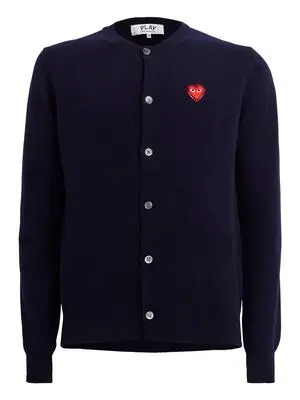 Play Comme Des Garcon Wool Rhinestone Heart Logo Cardigan Navy