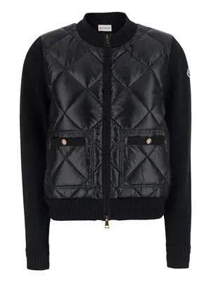 Moncler Black Crew Neck Cardigan With Logo Patch - Multicolor