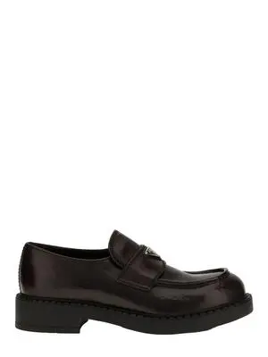 Prada Brushed Leather Loafers With Triangle Logo - Brown