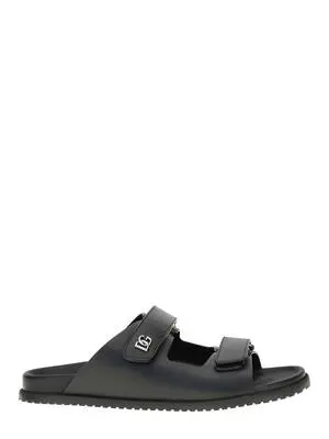 Dolce & Gabbana Calfskin Leather Sandals With Dg Logo - Black