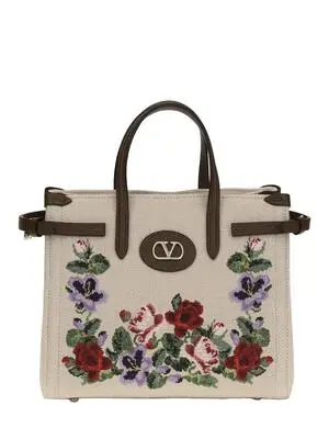 Valentino Garavani Antibes Mini Handbag In Embroidered Linen - Cream
