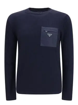 Prada Virgin Wool Crew Neck Sweater With Chest Pocket - Blue