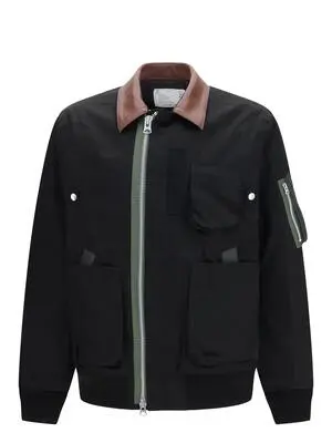 Sacai Cotton Bomber Jacket With Leather Details - Black