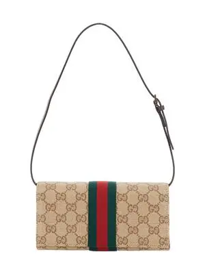 Gucci Beige Gg Monogrammed Fabric Crossbody Bag With Web Detail - Multicolor