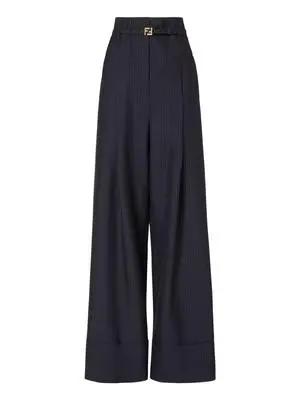 Fendi High-waisted Wool Pinstripe Trousers With Peplum Detail And Ff Buckle Belt - Blu