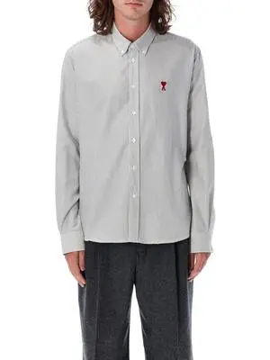 AMI Paris Regular Fit Fine Striped Cotton Shirt With Red Heart Embroidery - Bianco