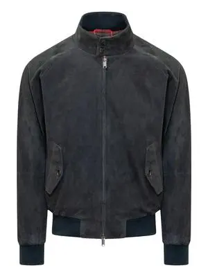 BARACUTA Premium Leather Jacket With Stand Collar - Navy