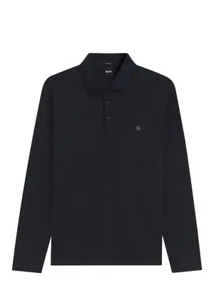 BOSS Long-sleeve Cotton Polo Shirt With Double B Monogram - Dark Blue