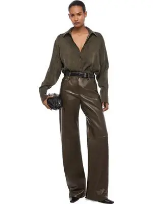 Helmut Lang Leather Relaxed Bootcut Pants - Dark Moss/black