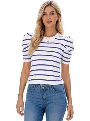 ZILPU Striped Puff Sleeve Knit Top - Blue
