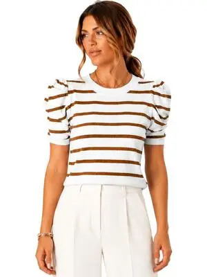 ZILPU Striped Puff Sleeve Knit Top - Brown