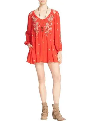 Free People Embroidered V-neck Mini Dress - Red Combo