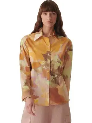 EXQUISE Chloris Watercolor Print Long Sleeve Shirt - Orange