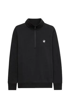 Boast Fleece Quarter Zip With Embroidered Leaf Detail - Black