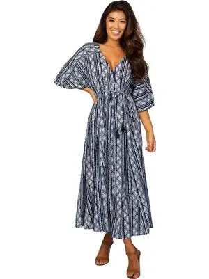 PINKBLUSH Printed V-neck Maternity Midi Dress - Navy Blue