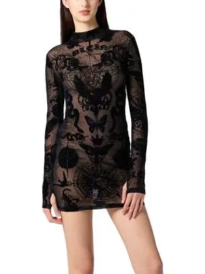 Philipp Plein Long Sleeve Mini Dress With Flocked Butterfly Tattoo Detail - Black