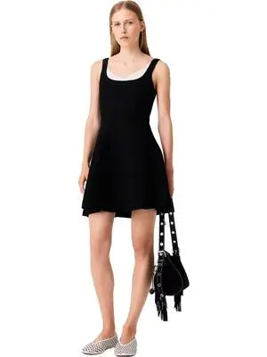Maje Short Knit Dress With Square Neckline And Openwork Trim - Black
