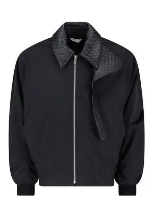 Bottega Veneta Nylon And Cotton Jacket With Woven Lambskin Collar - Black