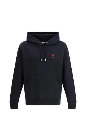 AMI Paris Logo Embroidered Cotton Hoodie - Black