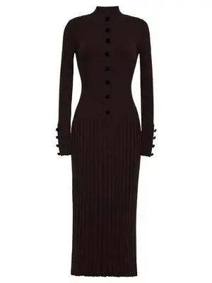 Cara Cara Easton Ribbed Mock Neck Midi Dress With Novelty Button Detail - Brown