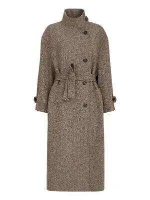 Brunello Cucinelli Sparkling Virgin Wool Chevron Belted Coat With Monili - Light Brown