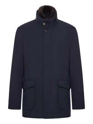 MOORER Fur-collar Coat - Dark Blu