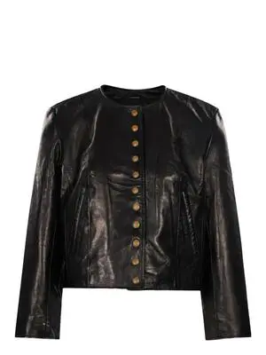 R13 Round Neck Long Sleeve Leather Jacket - Black