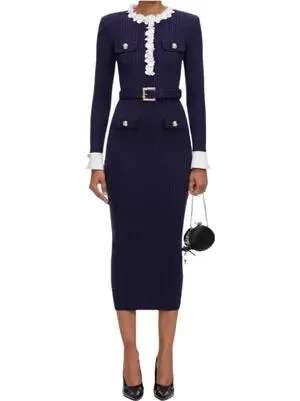 SELF-PORTRAIT Ribbed Knit Midi Dress With Belt And Ruffle Detail - Navy