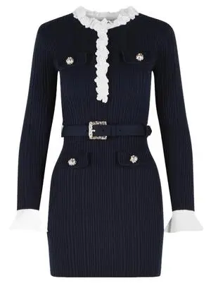 SELF-PORTRAIT Flower Detailed Knitted Mini Dress - Navy