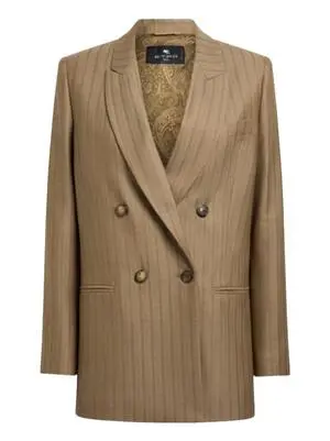 Etro Double-breasted Wool Jacquard Jacket With Striped Pattern - Camel
