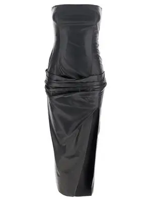 Attico Sleeveless Off-shoulder Midi Dress In Leather With Ruched Waist And Front Slit - Multicolor