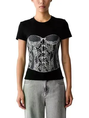 Miss Sixty Corset Print Beaded T-shirt - Black