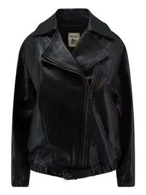 SEMICOUTURE Belted Leather Biker Jacket - Black
