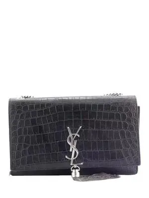 Saint Laurent Classic Monogram Tassel Crocodile Embossed Leather Medium Crossbody Bag - Black