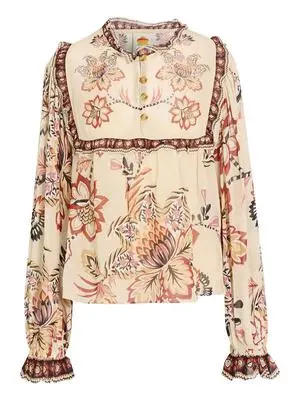 Farm Rio Ruffled Floralprint Voile Blouse - Sand