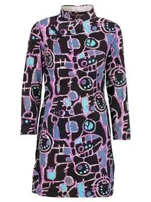 Vintage 60's Abstract Print Mandarin Collar Mini Dress - Black
