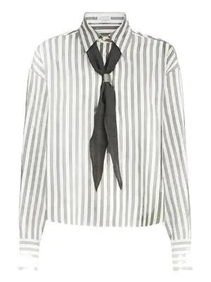 Brunello Cucinelli Striped Silk Poplin Shirt With Virgin Wool Foulard - White