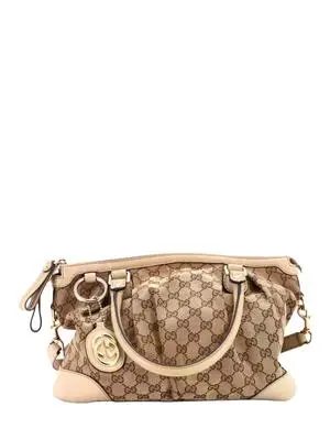 Gucci Monogram Gg Canvas Leather Medium Satchel - Brown