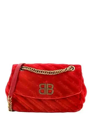 Balenciaga Bb Chain Round Quilted Velvet Small Shoulder Bag - Red