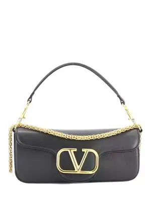 Valentino Garavani Vlogo Loco Flap Shoulder Bag Leather Medium Clutch Bag - Black