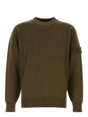 Stone Island Olive Cotton Blend Sweater With Detachable Logo Label - Green