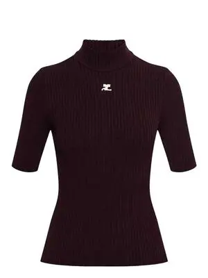 COURREGES Short-sleeved Ribbed High Neck Sweater With Logo Patch - Red